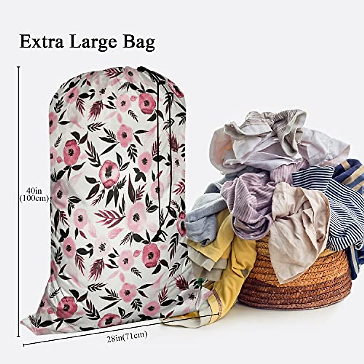 Swono Watercolor Sketch Poppy Large Laundry Bag Washable Large Dirty Clothes, Leaf Repeating Pattern Drawstring Organizer Bag, Fit Hamper Basket Camp Travel Home Dorm, Pink Black