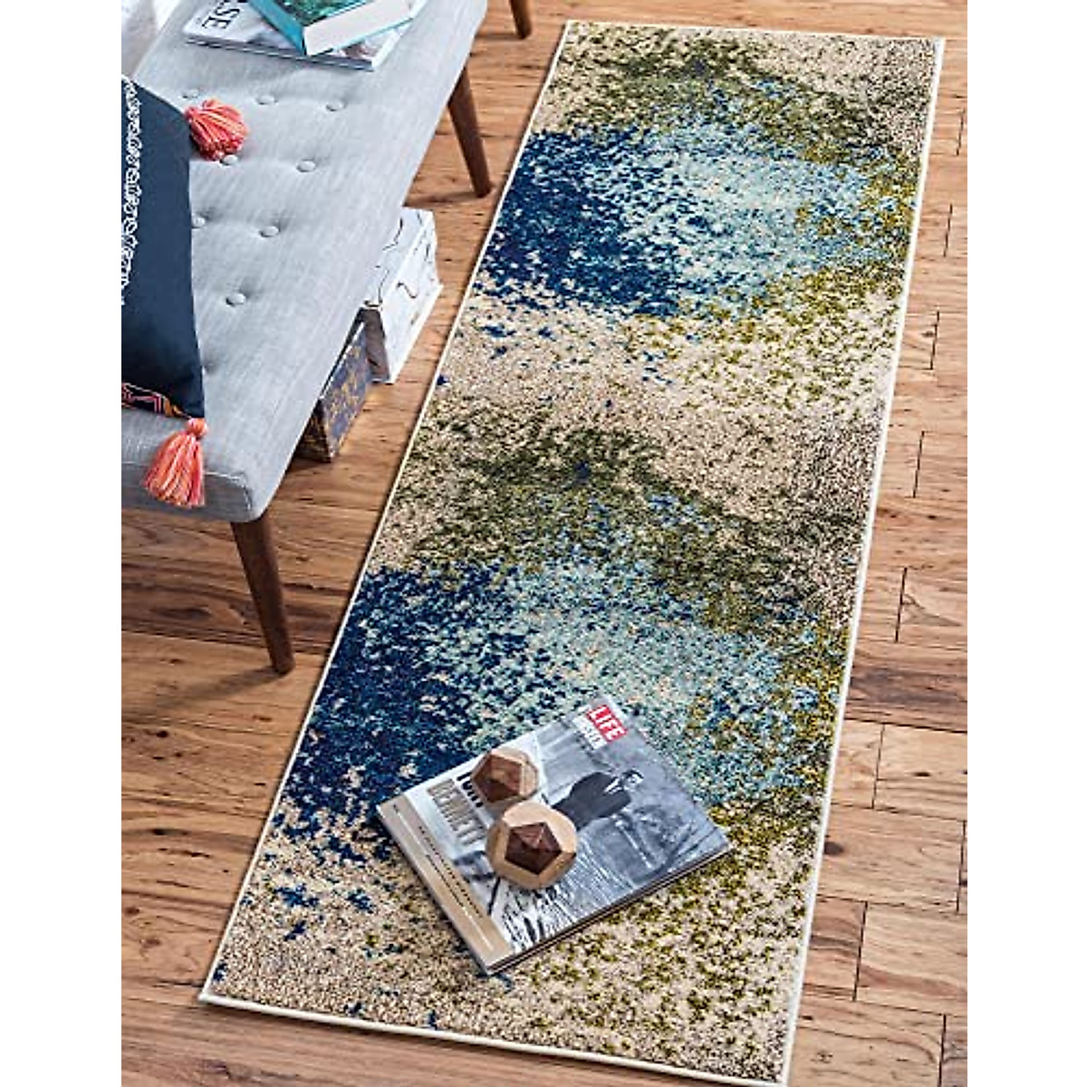 Unique Loom Estrella Collection Abstract, Modern, Light Colors, Distressed Area Rug, 2 ft x 7 ft, Blue/Beige