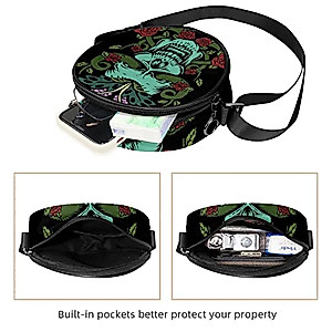Skull with Roses Decoration Crossbody Bag for Women Teen Girls Round Canvas Shoulder Bag Purse Tote Handbag Bag
