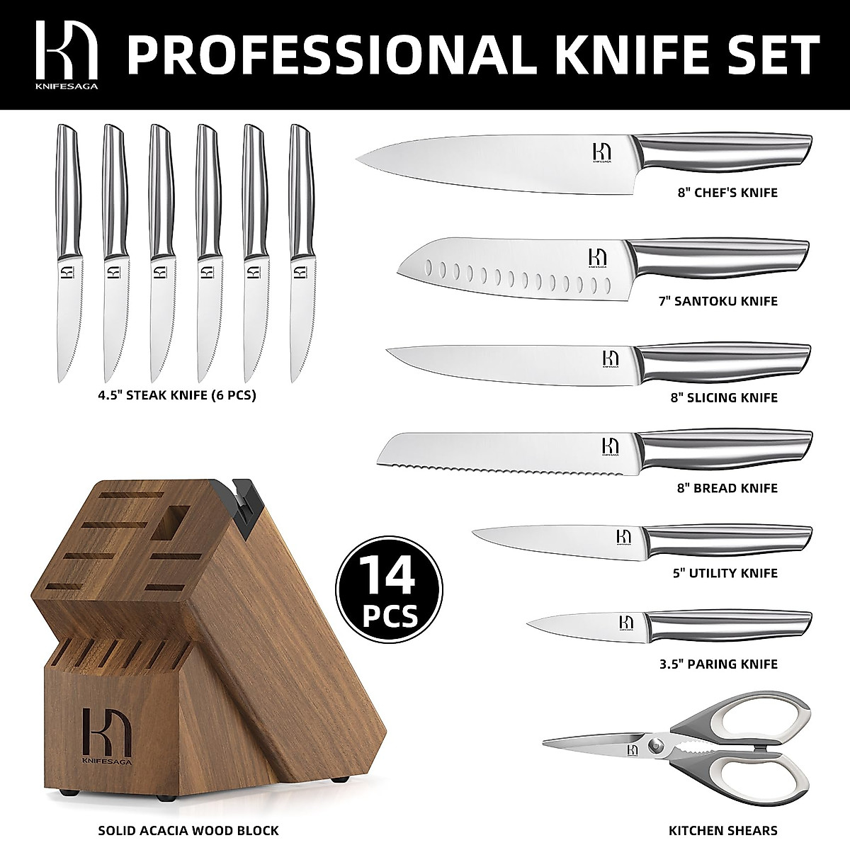 KnifeSaga 2024 Upgraded Knife Set 14 Piece Premium Japanese High Carbon Stainless Steel Kitchen Knife Block Sets with Built-in Sharpener, Razor Sharp Knives Set for Kitchen, Angled Acacia Wood Block