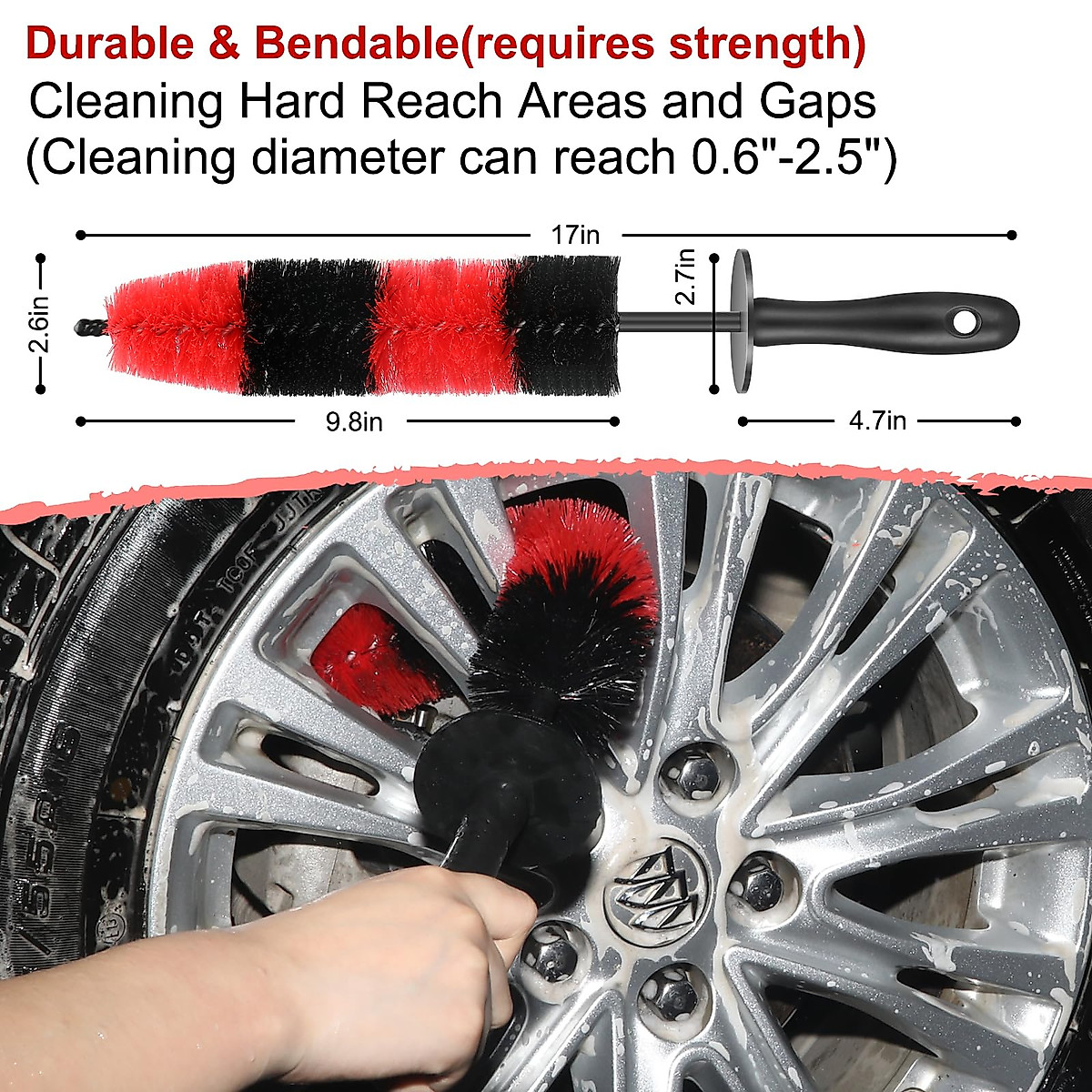 Fitosy Wheel Rim Brush, Soft Bristle Long Master Car Wheel Brush Rim Tire Detailing Brush Car Washing Brush for Wheels Rims Exhaust Tips Vehicle Engine Motorcycles,No Scratches (Wheel & Tire Set)