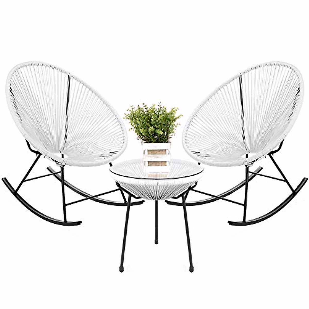 Best Choice Products 3-Piece Outdoor Acapulco All-Weather Woven Rope Patio Conversation Bistro Set w/Glass Top Table and 2 Rocking Chairs - White