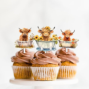 18pcs Brown Glitter Highland Cow Dessert Cupcake Topper Pick for Country Western Bull Riding Bull Rider Competition Theme Decor Supplies Baby Shower Boys Girls Birthday Party Decorations