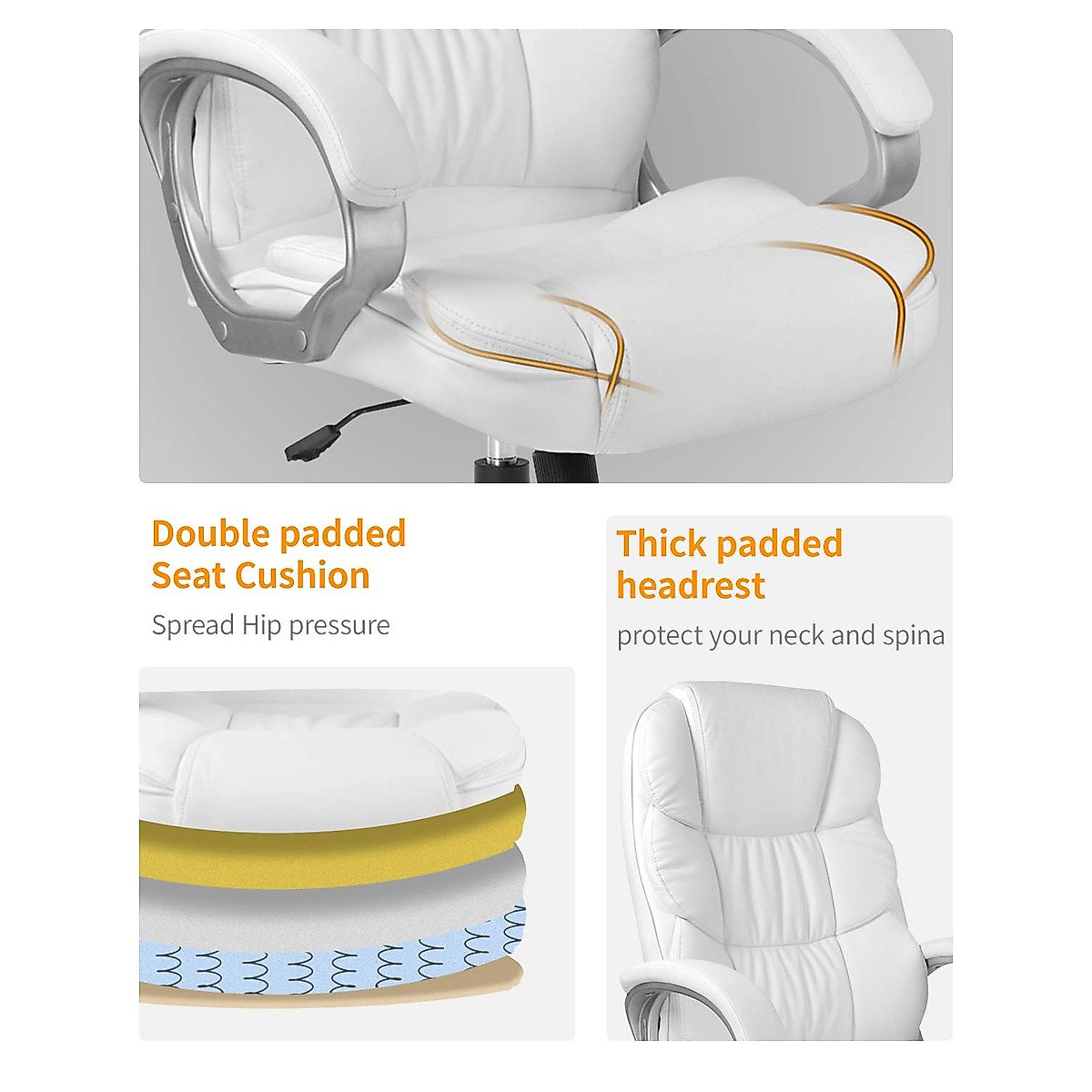 Office Chair Computer High Back Adjustable Ergonomic Desk Chair Executive PU Leather Swivel Task Chair with Armrests Lumbar Support (White)