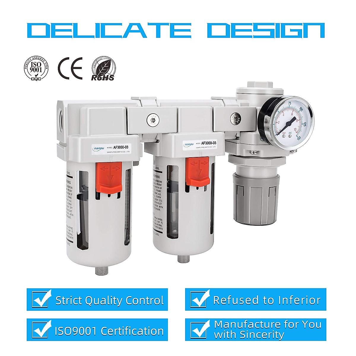 NANPU DFR-03 3/8" NPT Air Drying System - Double Air Filters, Air Pressure Regulator Combo - Semi-Auto Drain, Poly Bowl