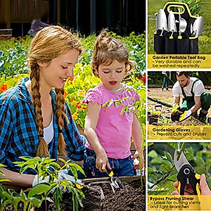 hOmeHua Garden Tools Set, 8 Piece Stainless Steel Heavy Duty Gardening Kit with Ergonomics Soft Rubberized Non-Slip Handle, Tote Bag, Gloves, Trowel, Weeder Tools - Garden Gifts Packing for Men Women