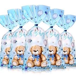 Pajean 100 Pack Bear Baby Shower Treat Bags Blue Teddy Cellophane Candy Plastic Goodie Gift with Pcs Metallic Twist Ties for Gender Reveal Birthday Party Favors