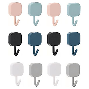 PINKG 12pcs Multicolor Adhesive Hooks Heavy Duty Wall Hooks Towel Waterproof Hooks for Hanging Coat, Towels, Hats, Keys, Shower, Kitchen, Living Room, Depot, Black, White, Gray, Pink, Blue, Navy Blue