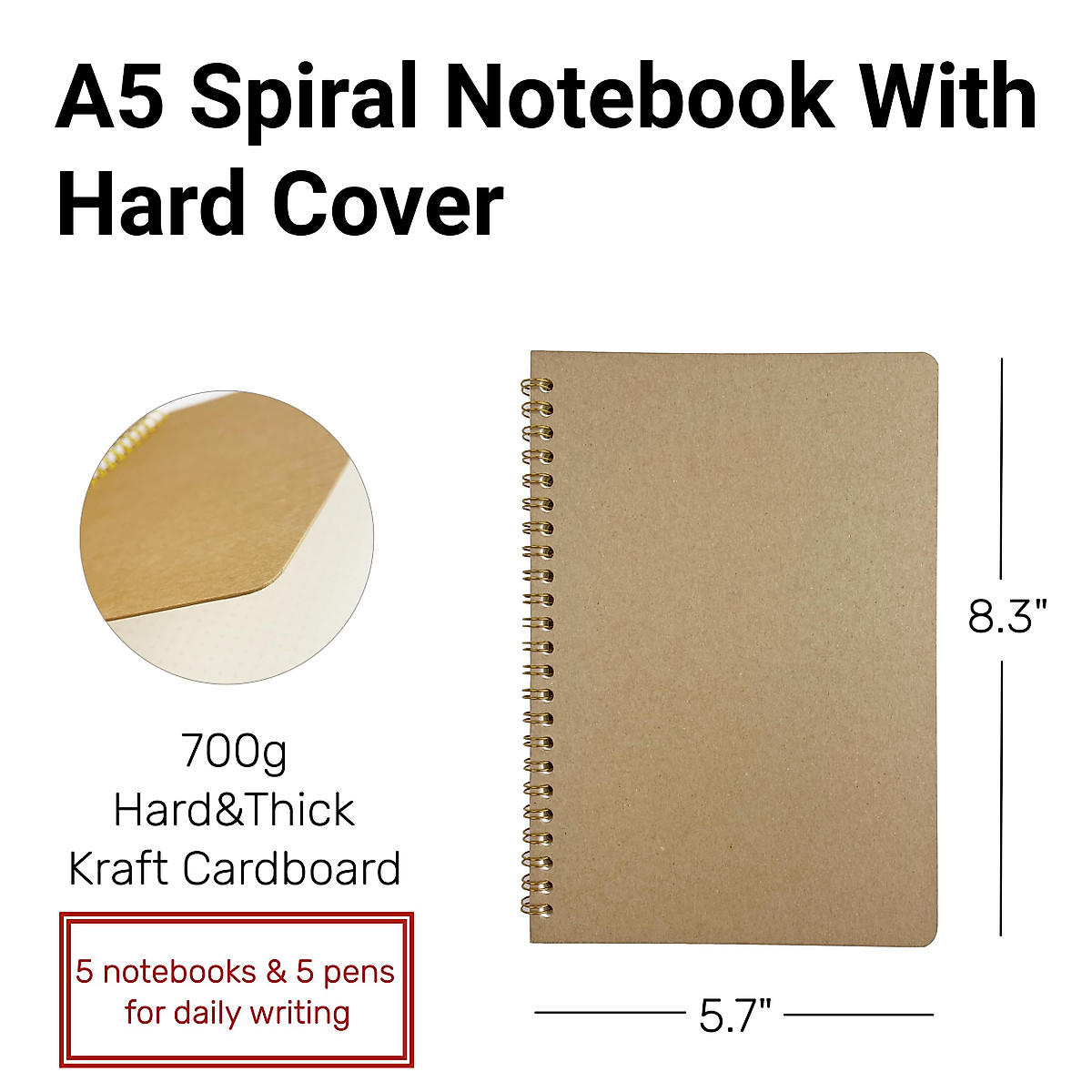 AOU 5-Pack Graph Paper Spiral Notebook with 100gsm Thick Paper, Hard Cover Grid Journals with Total 500 Grid Pages, 8.3"x5.7", Graphing Notebooks for School&Office Supplies (Brown)