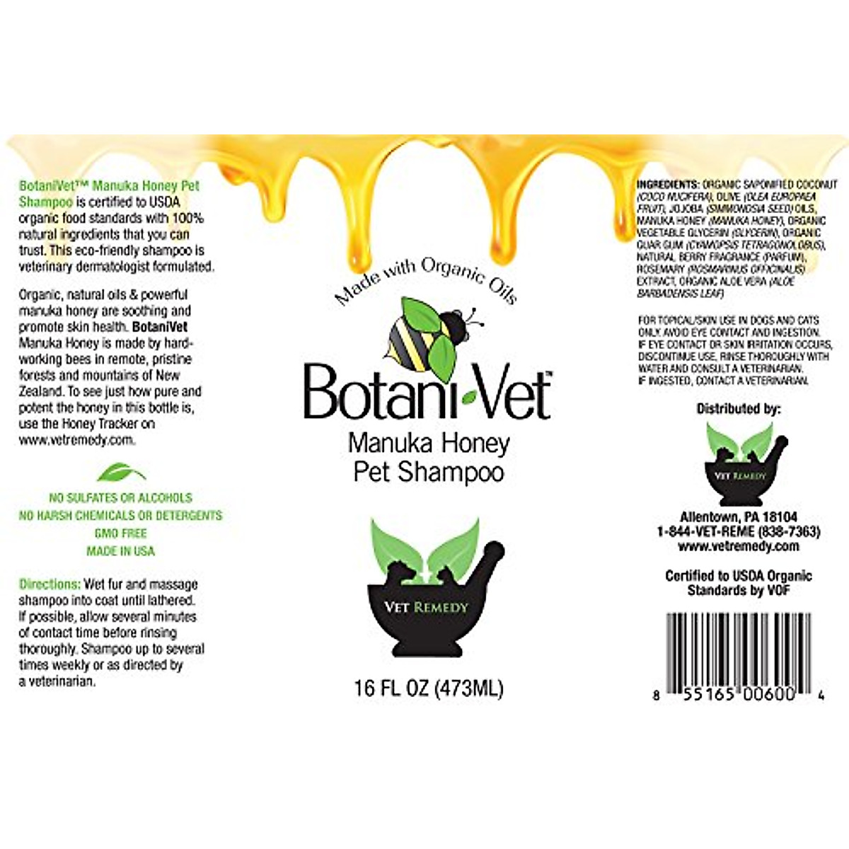 BotaniVet Certified Organic Manuka Honey Pet Shampoo 16 Oz - 100% Natural Ingredients - Veterinary Dermatologist Formulated for Allergies and Itching