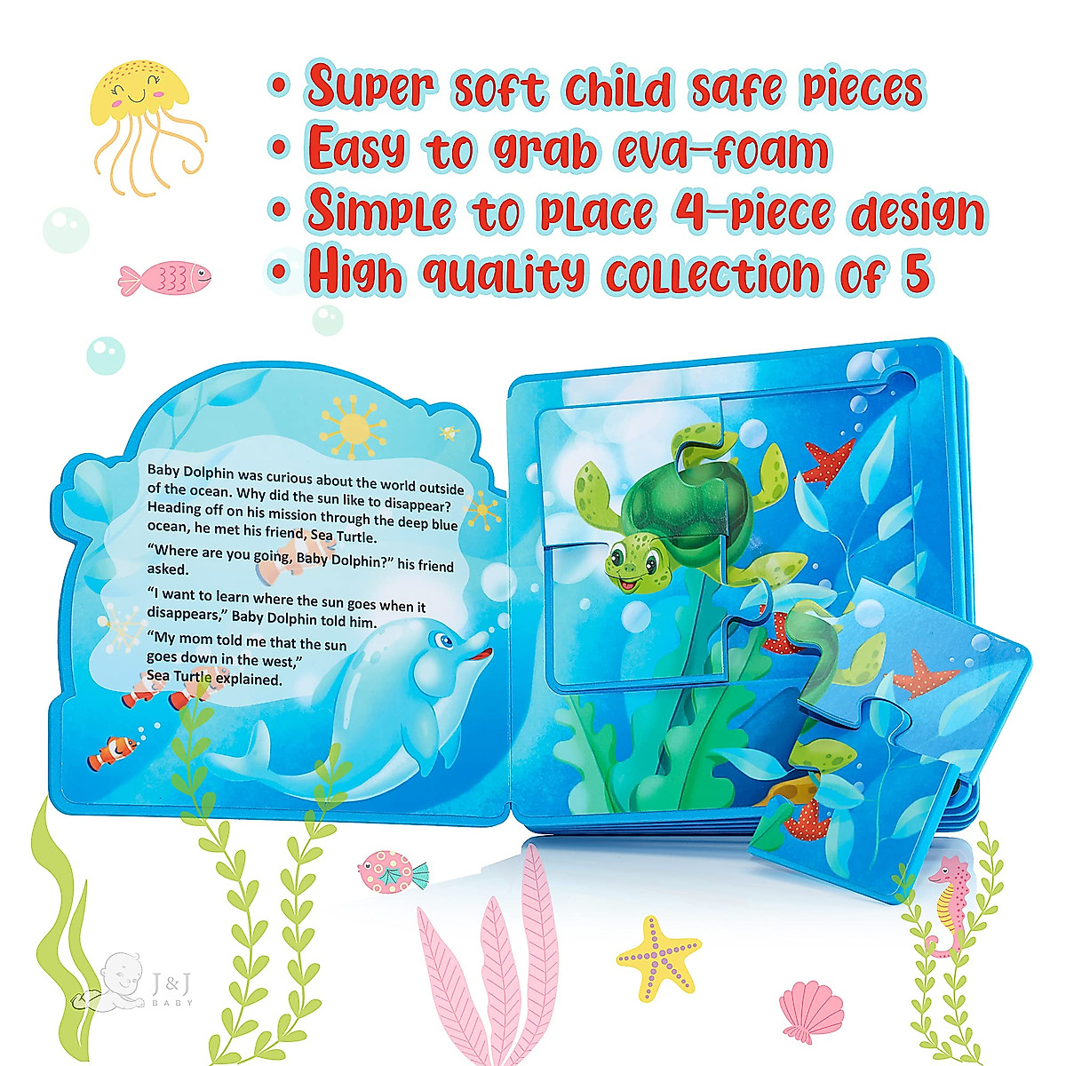 J&J Baby Toddler Puzzles - 5x4-Pieces Dolphin Adventure Soft Jigsaw Puzzles for Toddlers - Set of 5 Educational Learning Puzzles Book for Kids 2-3 Years Old