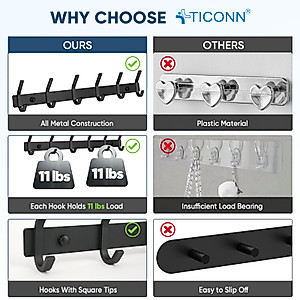 TICONN Wall Mounted Coat Rack - 6 Heavy Duty Dual Hooks All Metal Contemporary Coat Hanger for Jacket Coat Hat for Mudroom Entryway Bathroom (Black, 2PK)