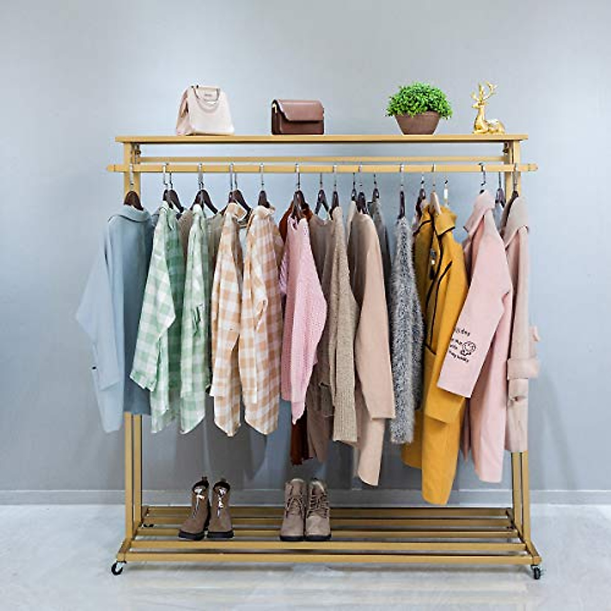 Metal Clothing Rack Standing Garment Rack Boutique Rolling Display Rack Closet Organizer 63'' (Gold)