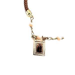 LESLIE BOULES Catholic Scapular Bracelet Crystal Beads & Brown Satin Cord
