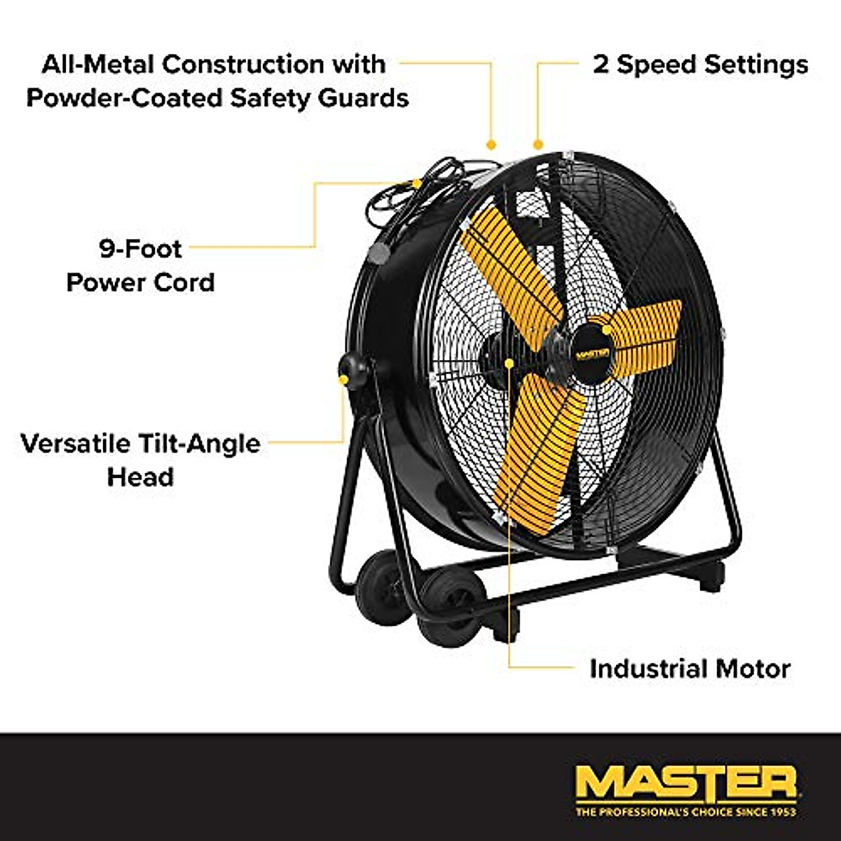 MASTER 24 Inch Industrial High Velocity Barrel Fan - Direct Drive, All-Metal Construction with Steel-Coated Safety Grill, 2 Speed Settings, Tiltable (MAC-24DCT)