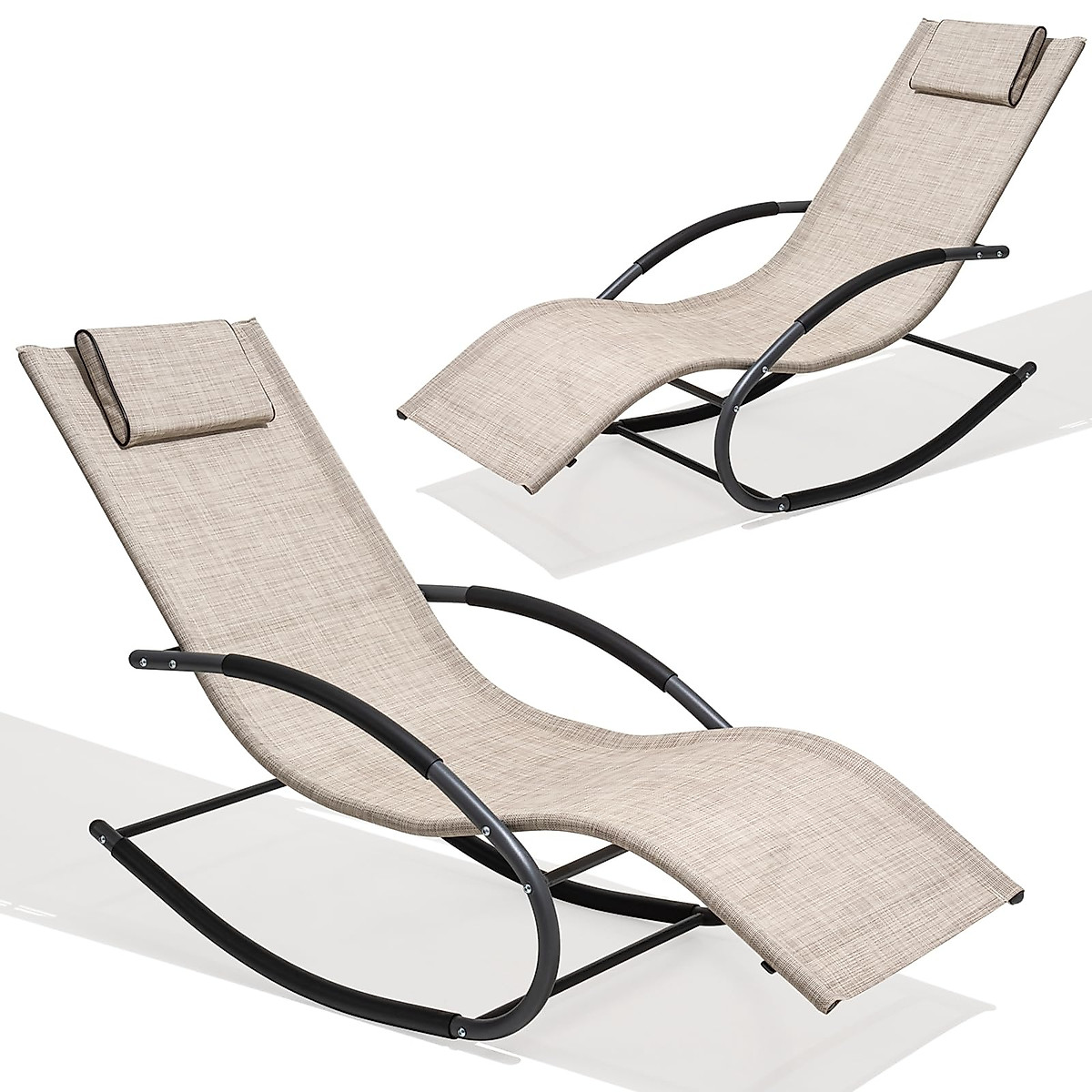 Crestlive Products Patio Rocking Chair Curved Rocker Chaise Lounge Chair with Pillow for Beach Yard Pool Outdoor Indoor, Gray Steel Frame (2 PCS Beige)