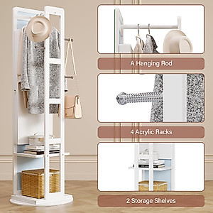 LVSOMT 360° Swivel Jewelry Armoire, Rotatable Full Length Mirror with Jewelry Storage, Standing Jewelry Cabinet with Coat Rack, White, Soild Wood