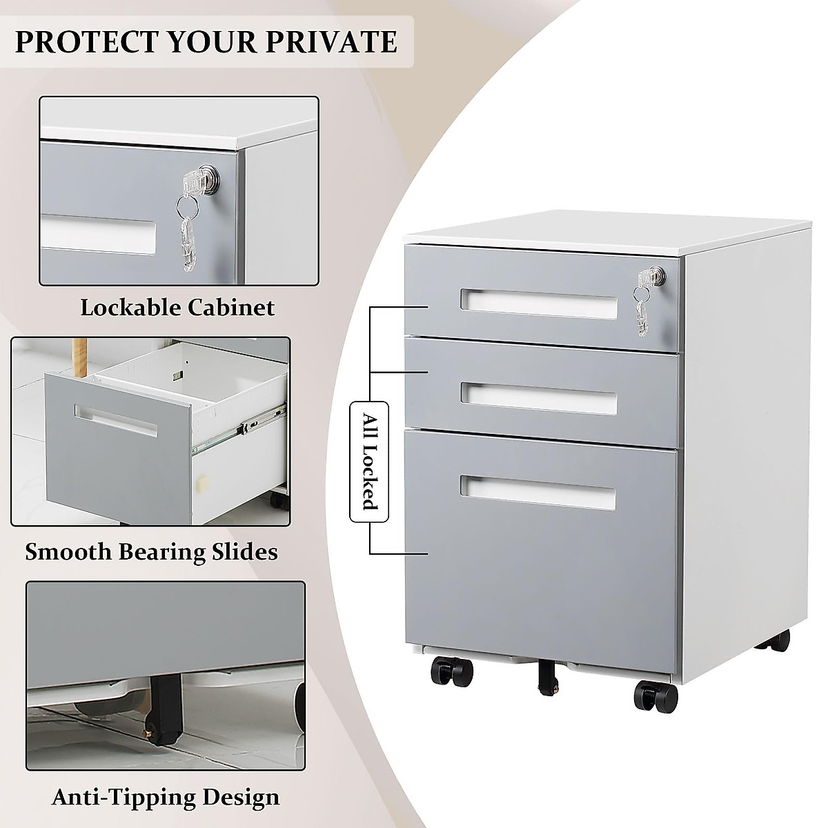 GOOGIC 3-Drawer Mobile File Cabinets, Rolling Metal Vertical Filing Cabinet for Legal & Letter File Anti-tilt Design with Lock Fully Assembled Except Wheel, Gray&White(Style 3)