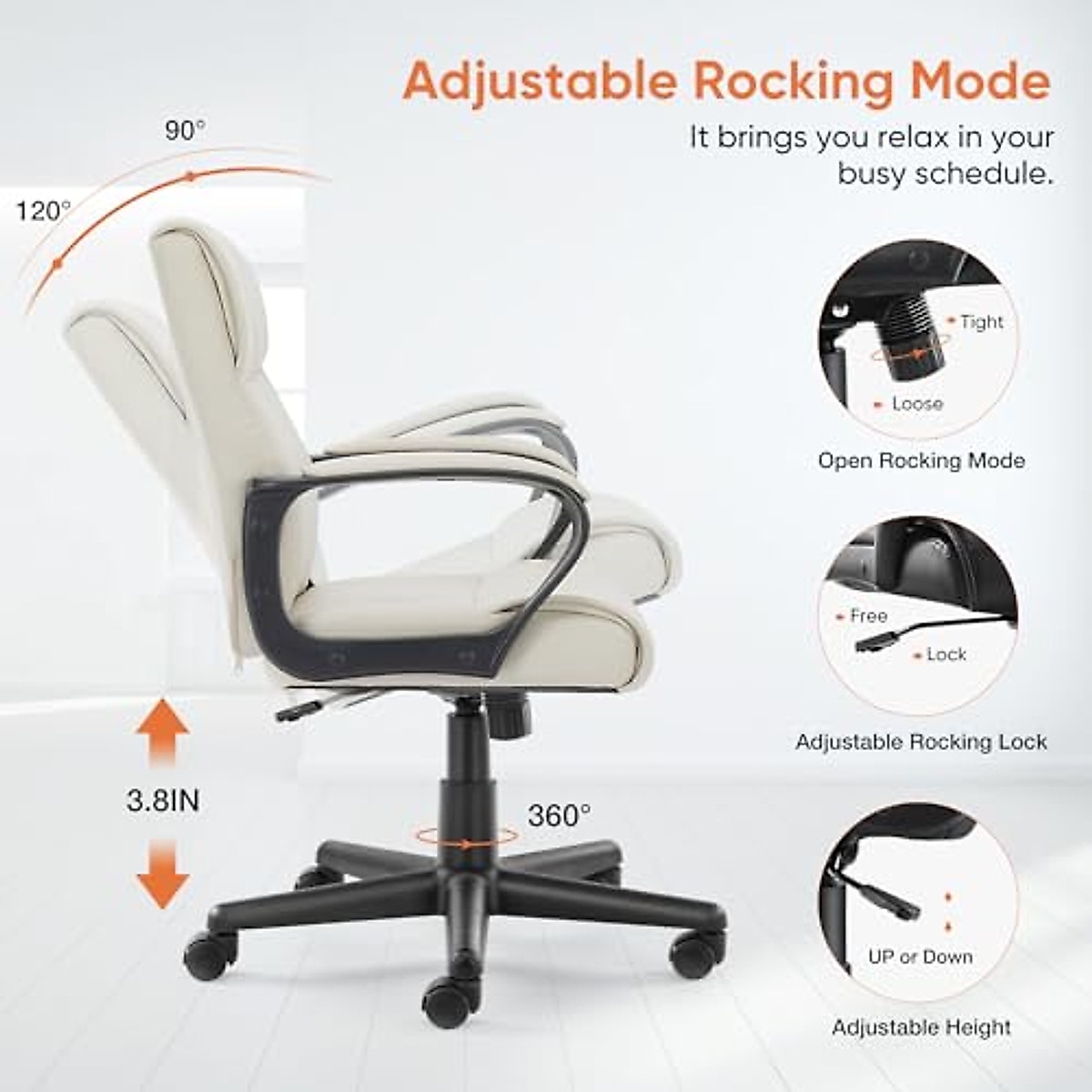 Sweetcrispy Executive Office Chair with Padded Armrests Adjustable Height, 360-Degree Swivel, Lumbar Support, PU Leather, Cream