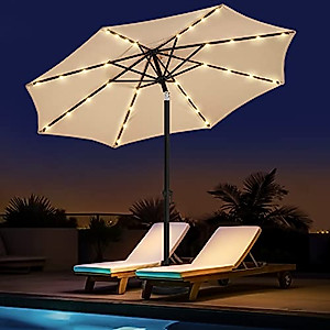 wikiwiki 9ft Outdoor Patio Table Umbrella, Sturdy Solar Led Market Umbrella for Deck, Pool, Garden w/Tilt, Crank, 32 LED Lights - Beige