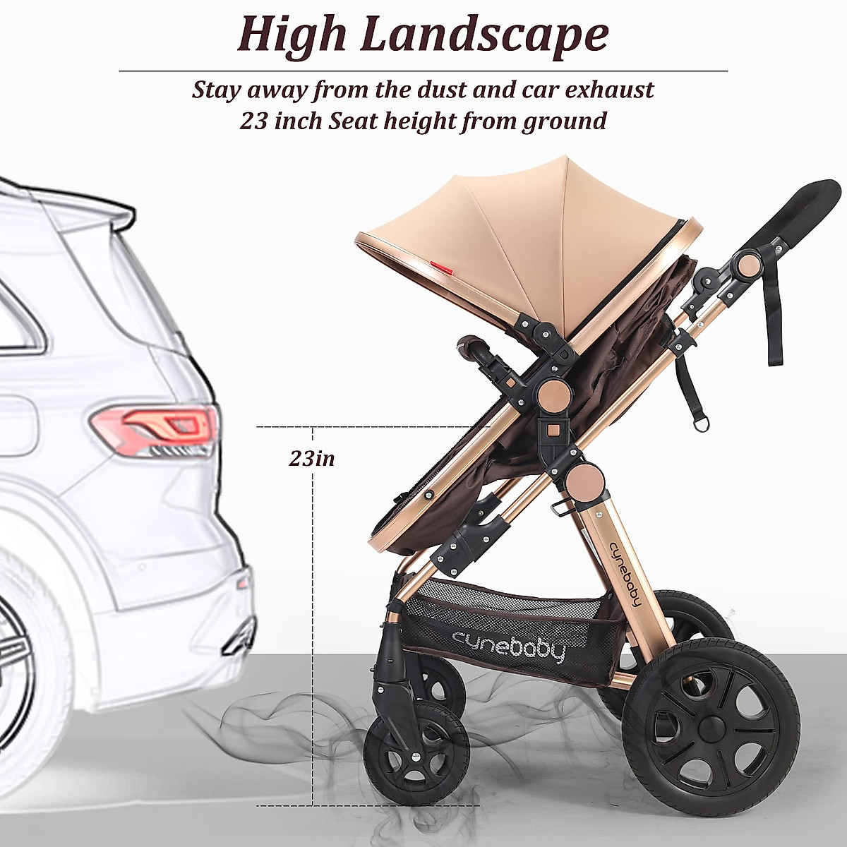 Newborn&Infant&Toddler Foldable All-Terrain High Landscape Baby Stroller Aluminum Alloy 2 in 1 Convertible Reversible Bassinet Pram,Convertible with Detachable Foot Cover and Tray