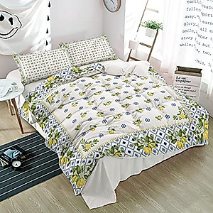3 Pieces Duvet Cover California King Bedding Sets Summer Lemon Flower and Leaves Luxury Soft Comforter Cover with Pillowcases Retro Tile Lattice on White Microfiber Quilt Covers Set for Bedroom Decor
