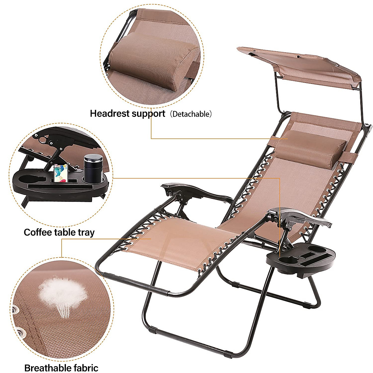 BMS Lounge Chairs with Canopy Cup Holder for Patio Balcony Poolside, Brown