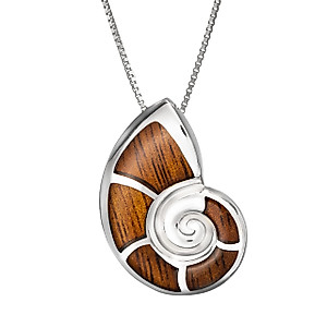 925 Sterling Silver Koa Wood Nautilus Shell Necklace Pendant with 18" Box Chain, Nickel Free Hypoallergenic for Sensitive Skin, Sea Ocean Hawaii Jewelry, Gift Box Included