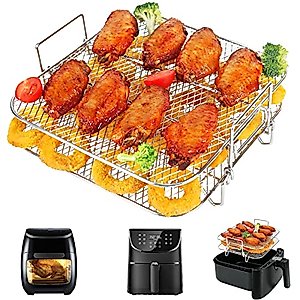 BYKITCHEN Square Air Fryer Rack for Cosori, Instant Vortex, Nuwave Air Fryer, 2pcs 8 inch Stackable Multi-Layer Stainless Steel Dehydrator Rack, Ninja Foodi Grill Square Air Fryer Accessories