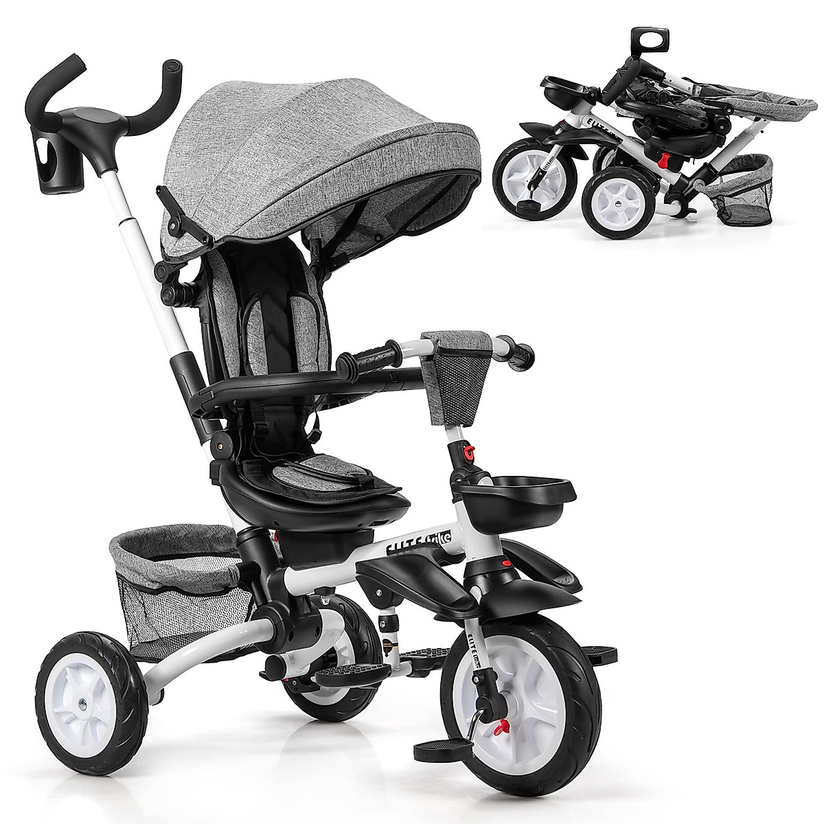 BABY JOY Tricycle, 7 in 1 Folding Toddler Bike w/Removable Push Handle, Rotatable Seat, Adjustable Canopy, Safety Harness, Storage, Cup Holder, Trike for 1-5 Year Old, Tricycle for Toddlers (Gray)