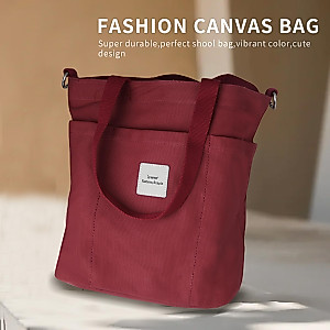 Iswee Canvas Tote Bag with Zipper Multi Pockets Tote Purse for Women Fashion Crossbody Tote Shoulder Bag Handbag Everyday Bag(Wine)