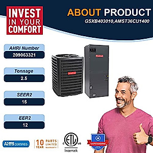 Goodman 2.5 Ton 15.0 SEER2 Energy-Efficient Single Stage Split System Air Conditioner GSXB403010 and Multi-Positional Multi-Speed Air Handler AMST36CU1400 with Internal TXV