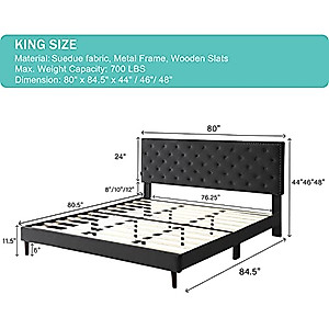 King Upholstered Platform Bed Frame with 48" Tall Adjustable Headboard - Button Tufted Suede Velour Bed- Wood Slat Support with Storage Space- No Box Spring Needed - Black - OLIVER & SMITH - Princeton