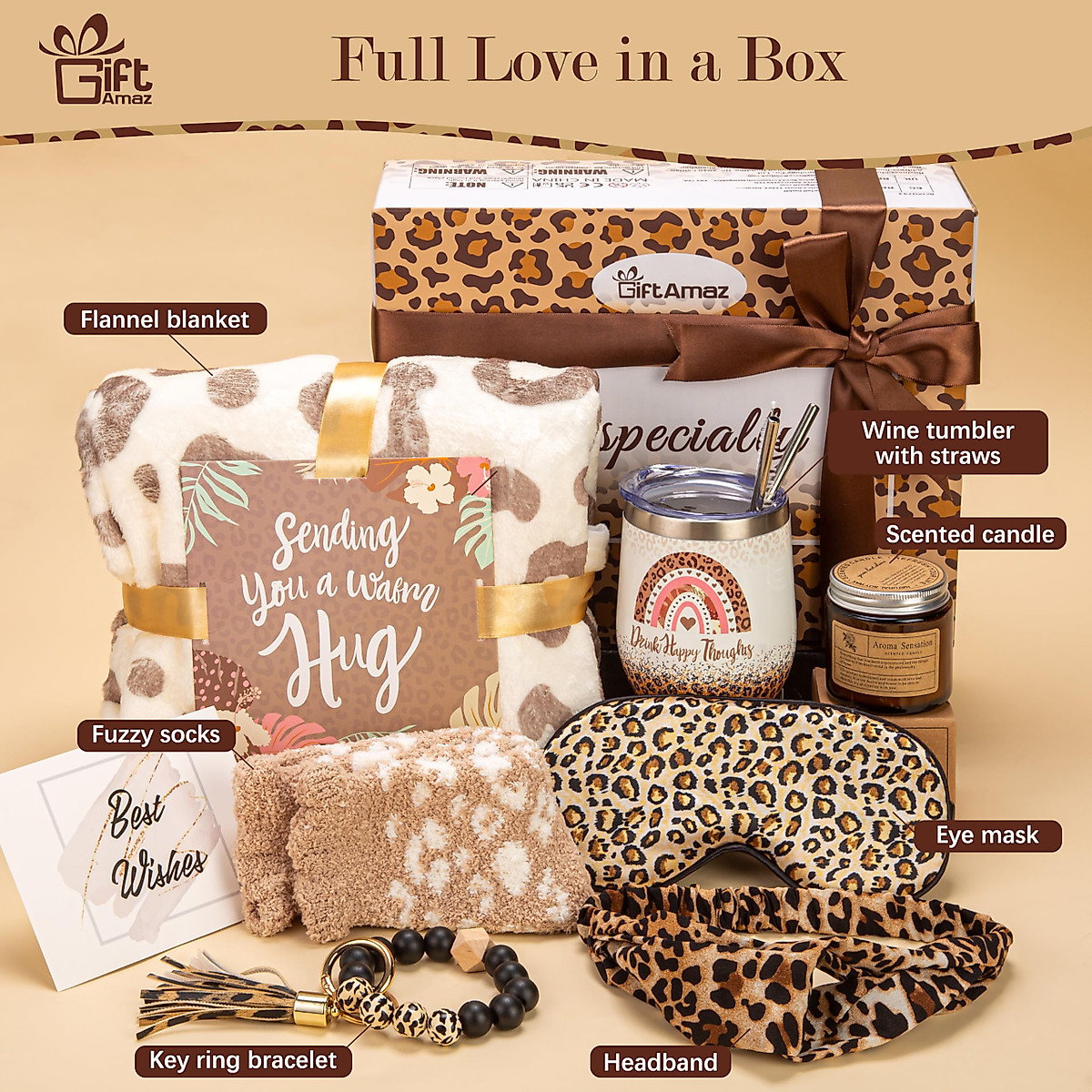 GiftAmaz Leopard Gifts for Women, Get Well Soon Gifts with Leopard Tumbler and Blanket, Care Package Thinking of You Birthday Gifts Basket Set, Leopard Print Christmas Gifts Box for Women Friend Mom