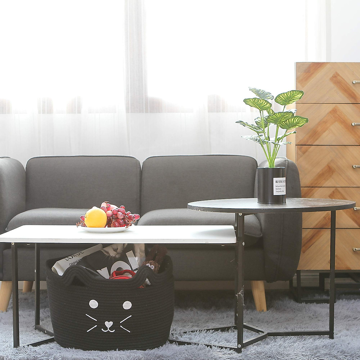 Sea Team Large Cotton Rope Storage Basket with Handles, Woven Storage Bin, Nursery Storage Box, Toys Clothes Organizer, Fabric Pet Storage Basket, Nest for Cat, Dog, 16.5 x 11.8 x 11 inches, Black