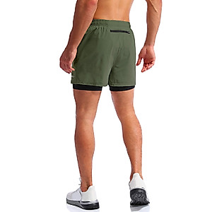 Pudolla Men’s 2 in 1 Running Shorts 5" Quick Dry Gym Athletic Workout Shorts for Men with Phone Pockets(Dark Green Medium)