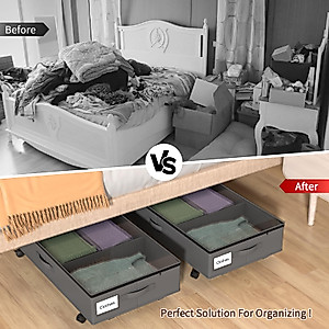 damynuo Under Bed Storage with Wheels - 2Pack Under Bed Storage Containers with Clear Lid and Handles, The Underbed Storage Bins Perfect for Under Bed Shoe Storage, Great Under Bed Drawers