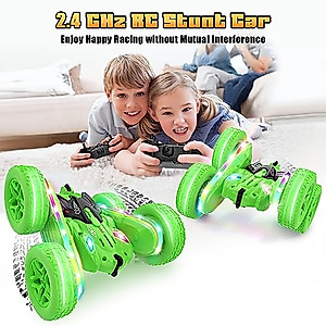 Jimdella Remote Control Car,RC Cars with sides light strip and Headlights,Double Sided 360 Flips Rotating RC Stunt Car,2.4Ghz All Terrain Toys for Ages 4-6 Kids Toy for Boys Girls Birthday Gift(Green)