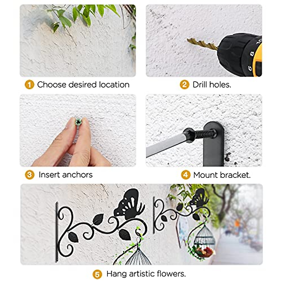 Lewondr Wall Hanging Plant Bracket, [2 Pack] 12 Inch Retro Outdoor Indoor Garden Hook Hanging Planter Decorative Plant Brackets for Bird Feeder Wind Chime Lantern, Butterfly and 3 Leaves, Black