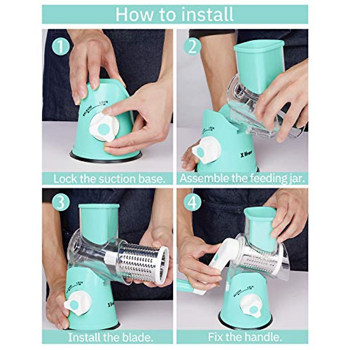 X Home Rotary Cheese Grater Kitchen Mandoline Vegetables Slicer Cheese Shredder with Rubber Suction Base, 3 Stainless Drum Blades Included, Easy to Use and Clean,Blue