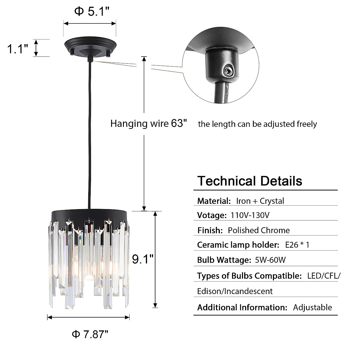 MAYNA Crystal Pendant Light, Modern Chandelier, Adjustable Height Hanging lamp, Black Pendant Lights for Kitchen Island Dining, Room,Living Room,Foyer,Hallway (1Pack)