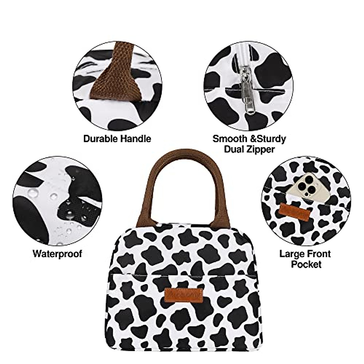 Aiphamy Insulated Lunch Bag Reusable Lunch Box Lunch Cooler Tote Bag for Women Men Adults Work Picnic (Cow Print)