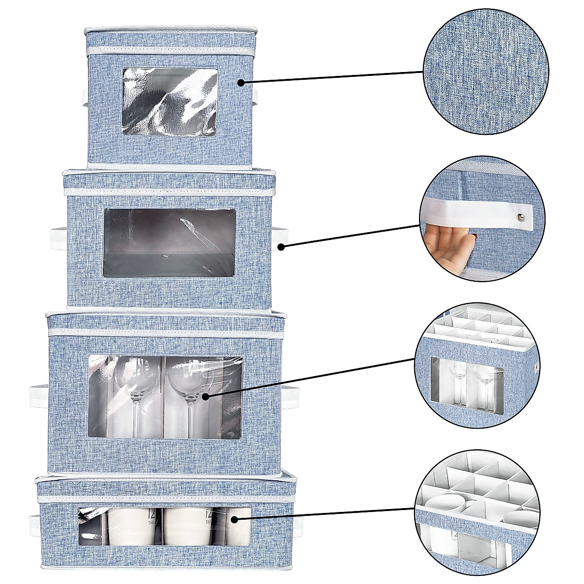 China Storage Containers,Wine Glass Mug Plate Dish Stemware Storage Box with Dividers,Hard Shell Dinnerware Case with 24 Felt Protectors for Crystal Glassware,Coffee Cup,Bowl Packing & Moving (Blue)