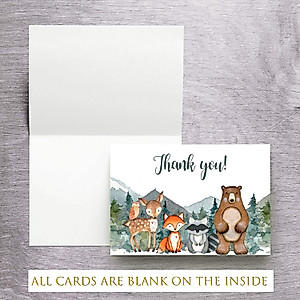 50 Woodland Thank You Cards, 4x6" Forest Animals Thank You Notes with Matching Green Envelopes & Stickers, Greenery Notecards, Woodland Baby Shower Thank You Cards