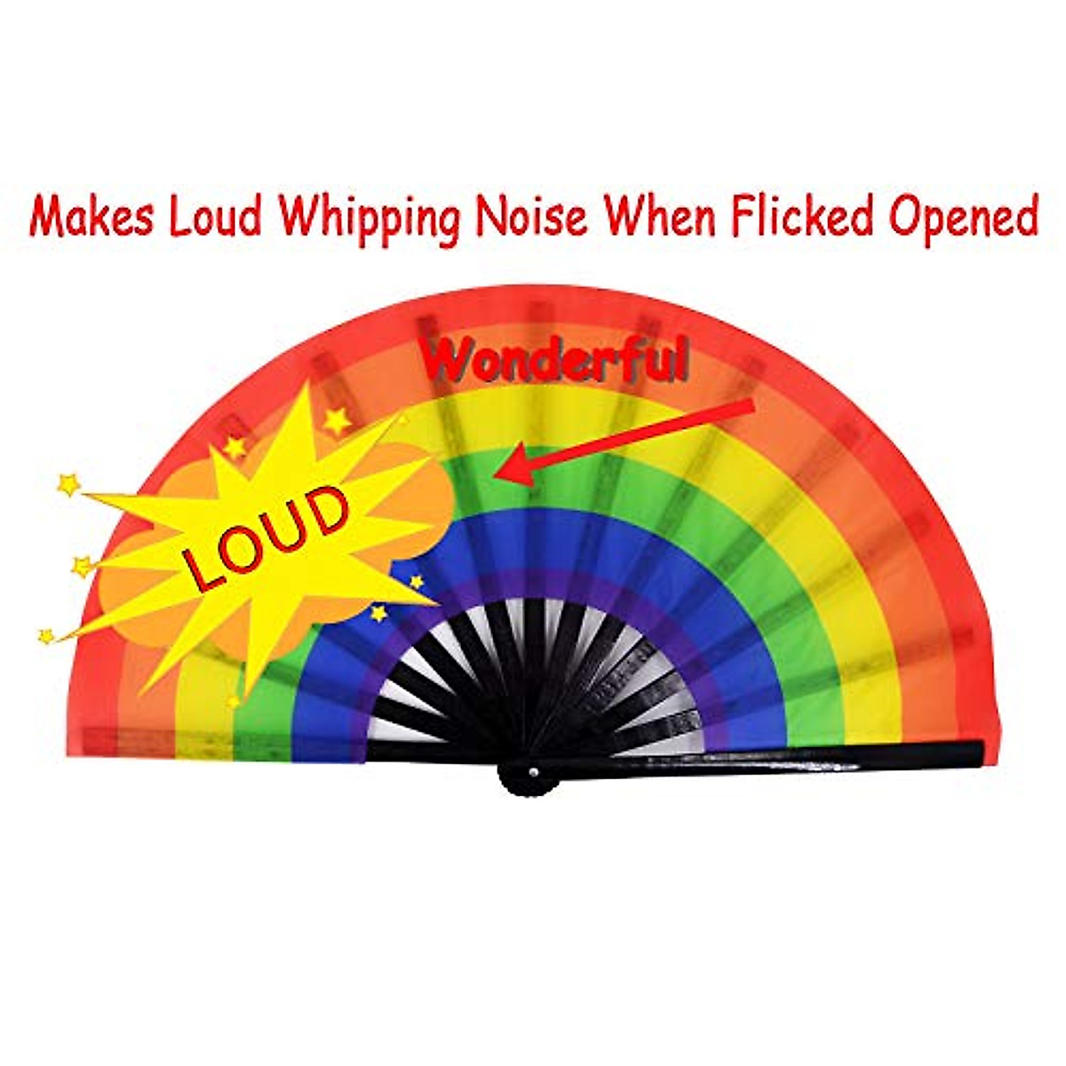 Amajiji Large Folding Hand Rave Fan for Women/Men, Chinease/Japanese Bamboo and Nylon-Cloth Folding Hand Fan, Hand Fan Festival Fan Gift Fan Craft Fan Folding Fan Dance Fan (Rainbow)