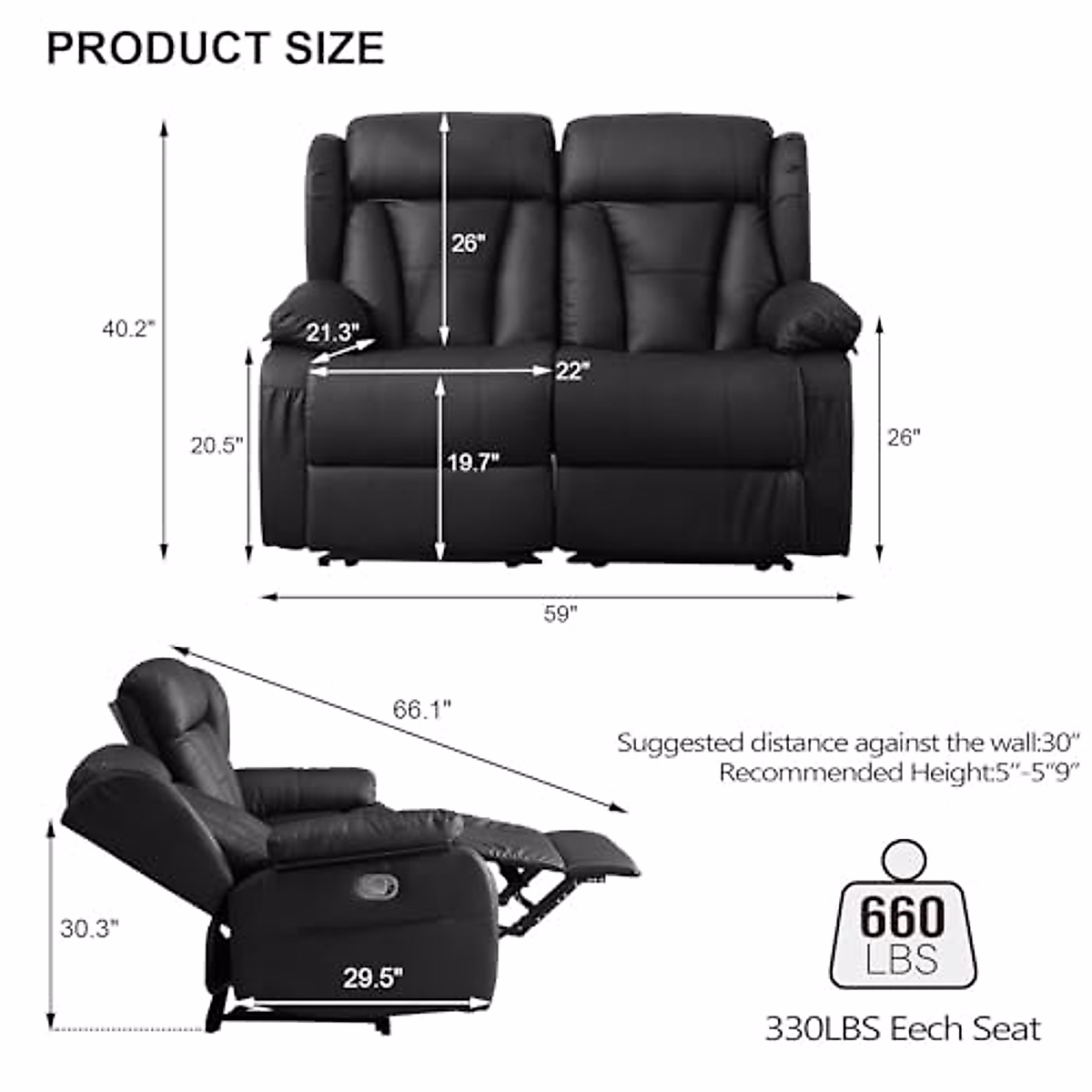 AHMED RV Loveseat Recliner Sofa, Faux Leather Home Theater Seating with Removable Armrest for Adults, Manual Double Recliner Chair with Cup Holders/Side Pockets for Living Room (Black)