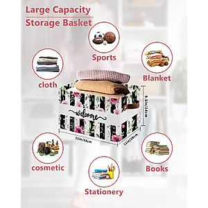 Storage Basket Pink Flowers Floral Leaves Large Foldable Storage Bins with Handles Black and White Stripe Waterproof Fabric Laundry Baskets for Organizing Shelves Closet Toy Gifts Bedroom Home Decor