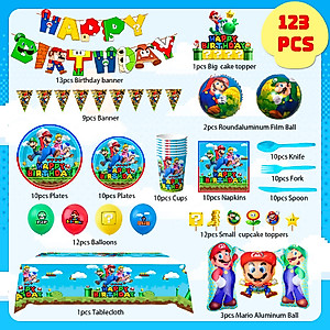 Mario Birthday Party Supplies,123pcs Mario Birthday Party Decorations&Tableware, Super Mario Balloons Banner&Mario Party Plates and Napkins Tablecloth etc Super Mario Party Supplies for Boys