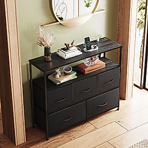 WLIVE Fabric Dresser for Bedroom with 5 Drawers, Entertainment Center with Open Shelf and Power Outlet for 45 inch TV, Dresser TV Stand with Storage for Closet, Black