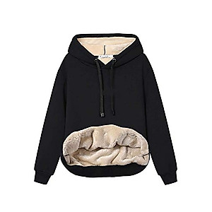 Haellun Womens Casual Winter Warm Fleece Sherpa Lined Pullover Hooded Sweatshirt (Black, Large)
